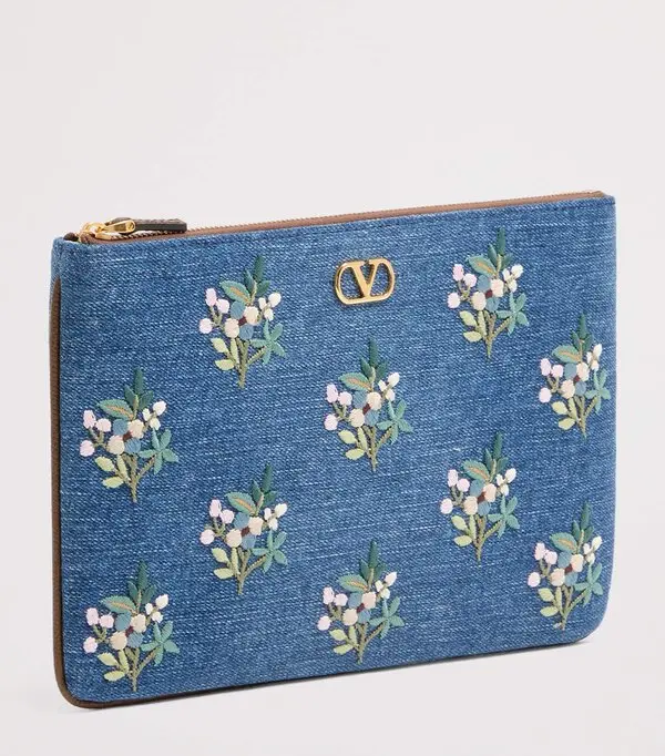 Valentino Garavani Denim Embroidered Vlogo Signature Pouch - Blue
