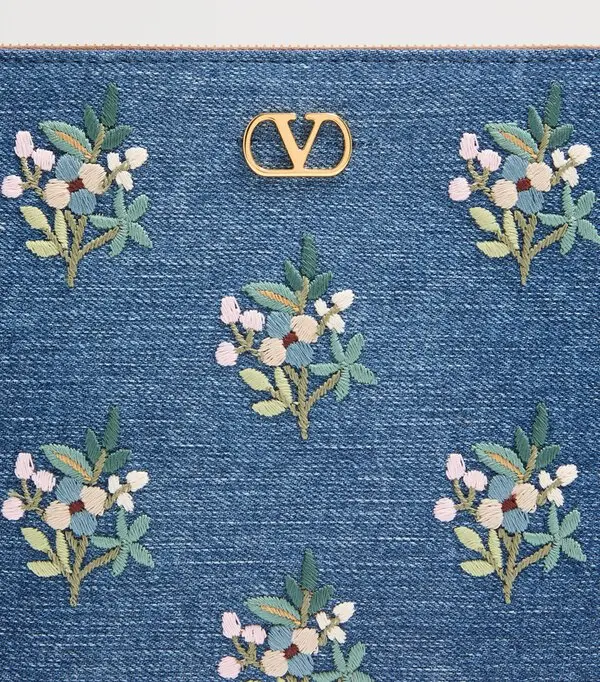 Valentino Garavani Denim Embroidered Vlogo Signature Pouch - Blue