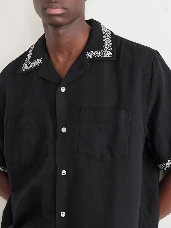 CORRIDOR Harmony Camp-collar Embroidered Linen And Cotton-blend Shirt - Black