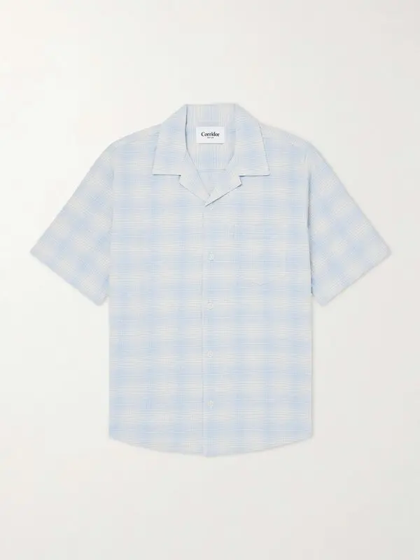 CORRIDOR Camp-collar Checked Cotton And Linen-blend Shirt - Blue