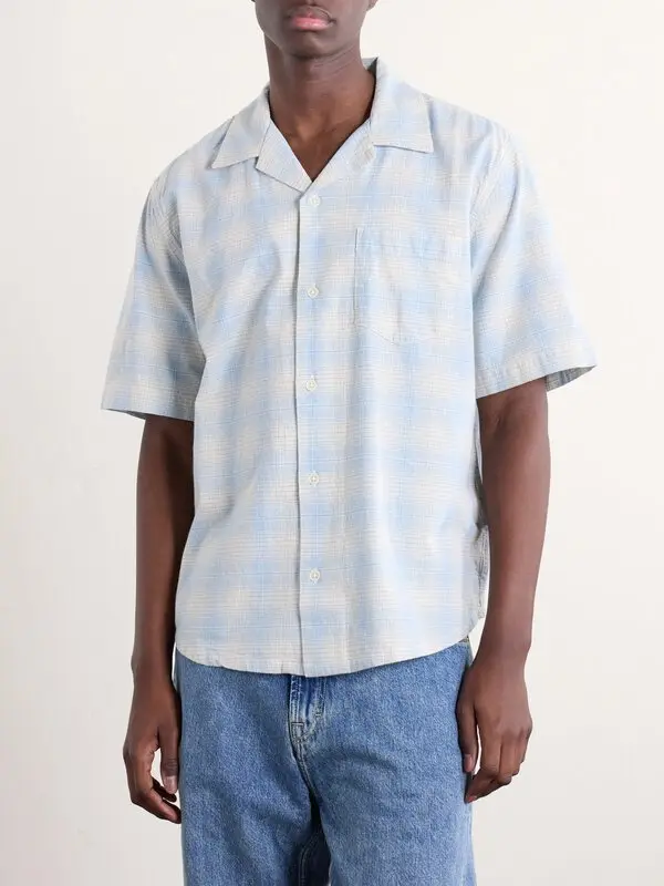 CORRIDOR Camp-collar Checked Cotton And Linen-blend Shirt - Blue