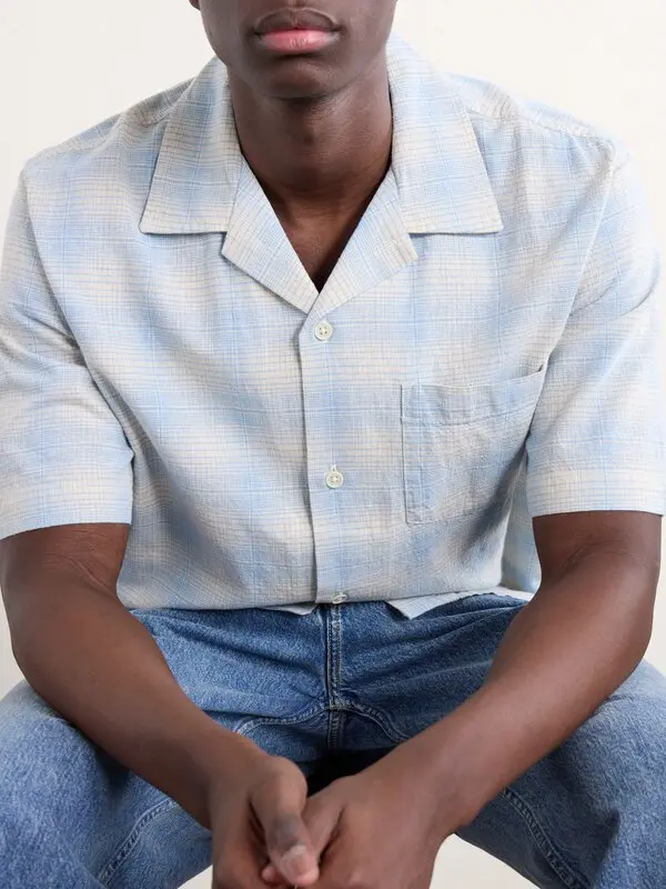 CORRIDOR Camp-collar Checked Cotton And Linen-blend Shirt - Blue
