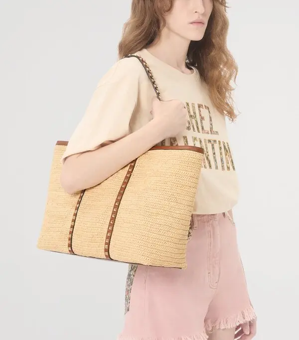 Valentino Garavani Rockstud Large Straw Tote Bag - Pink