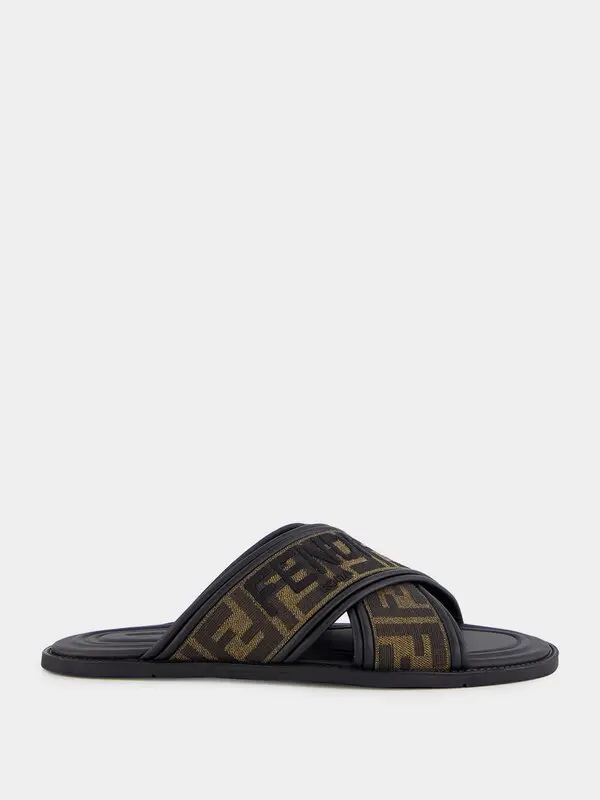 Fendi Ff Jacquard Fabric Slides - Brown