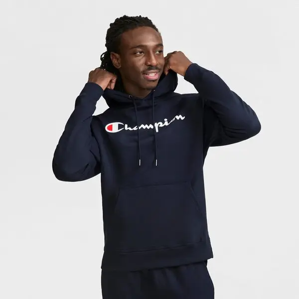 Champion Powerblend Fleece Hoodie With Script Logo - Deep Navy