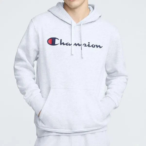 Champion Powerblend Fleece Hoodie With Script Logo - Platinum Silver Heather
