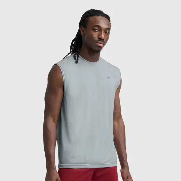 Champion Sport Crewneck Muscle Tee, Script Logo - Quarry
