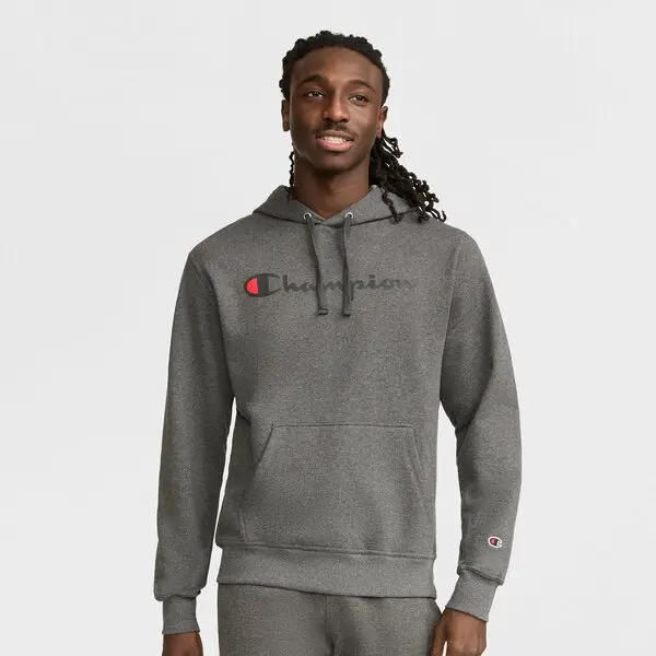 Champion Powerblend Fleece Hoodie With Full Script Logo - Granite Heather