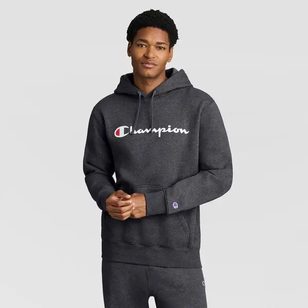 Champion Powerblend Hoodie With Full Script Logo - Granite Heather