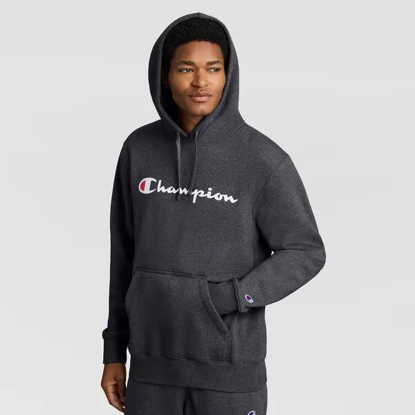 Champion Powerblend Hoodie With Full Script Logo - Granite Heather