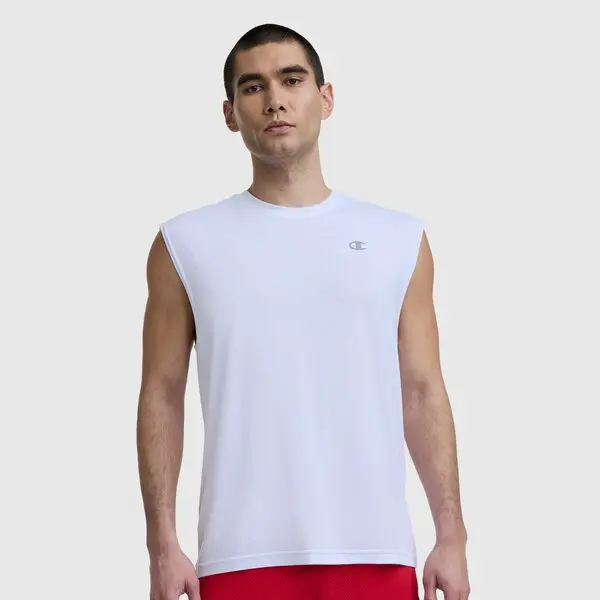 Champion Sport Crewneck Muscle Tee, Script Logo - Bright White