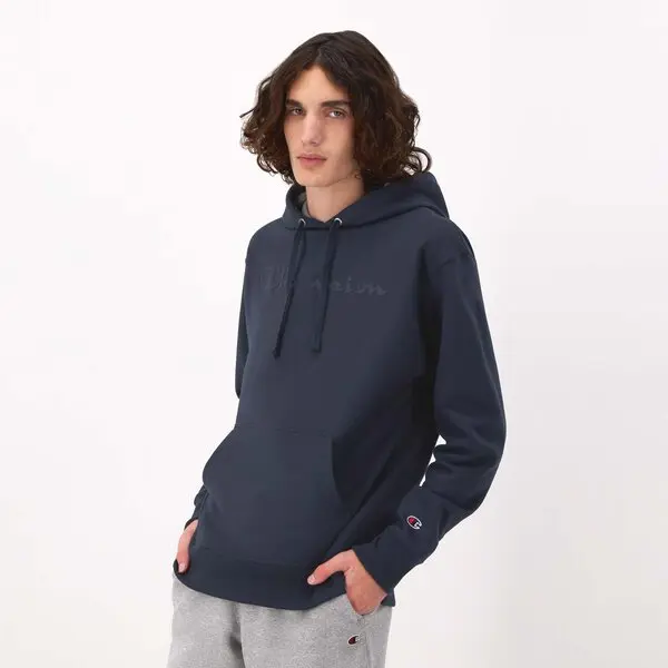 Champion Powerblend Hoodie With Tonal Script Logo - Deep Navy
