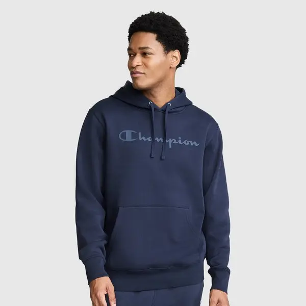 Champion Powerblend Hoodie With Tonal Script Logo - Deep Navy