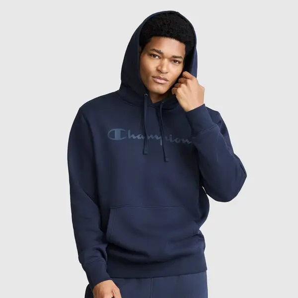 Champion Powerblend Hoodie With Tonal Script Logo - Deep Navy