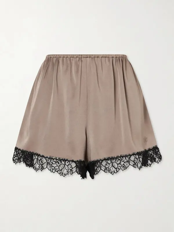Stella McCartney Lace-trimmed Embroidered Satin Shorts - Brown