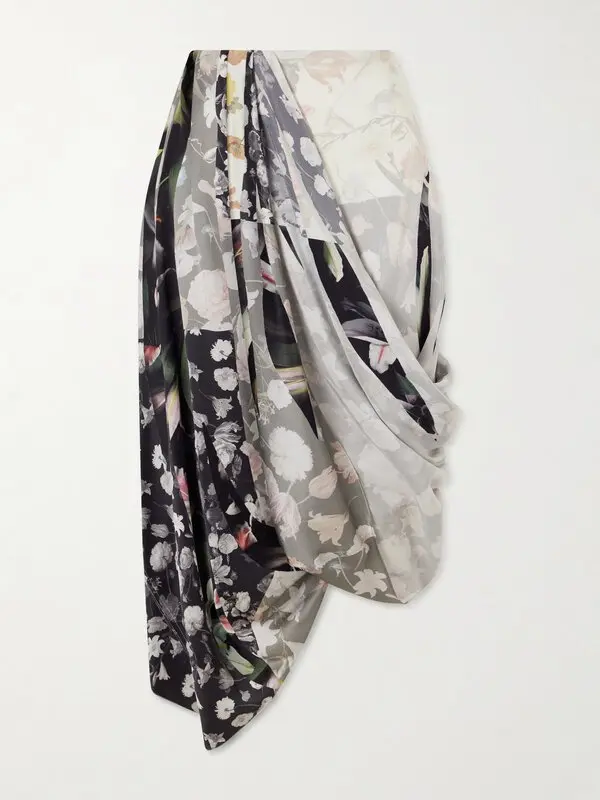MAISON MARGIELA Asymmetrical Draped Floral-print Silk-satin Midi Skirt - Multi
