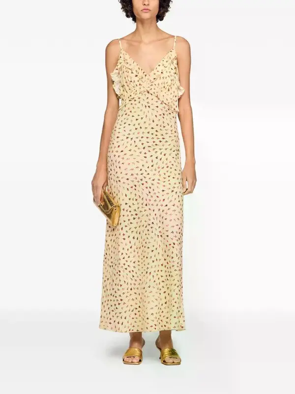 Sandro Maxi Ruffled Floral-print Dress - Neutrals