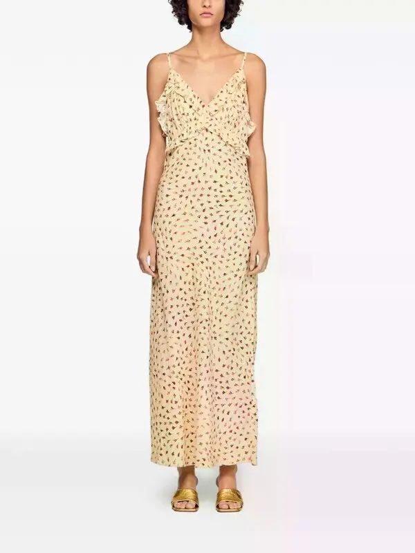 Sandro Maxi Ruffled Floral-print Dress - Neutrals