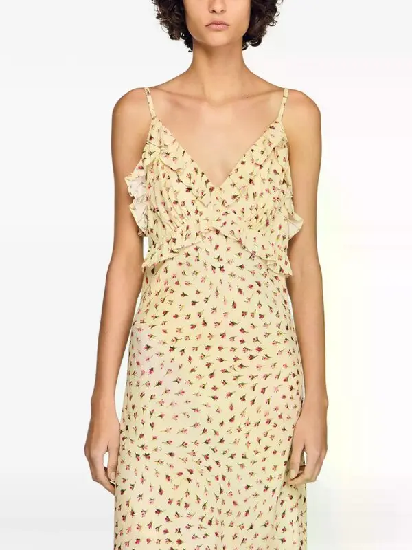 Sandro Maxi Ruffled Floral-print Dress - Neutrals