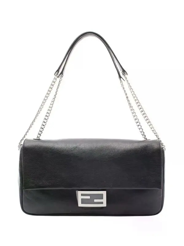 Fendi 2000-2010 Large Leather Baguette Shoulder Bag - Black