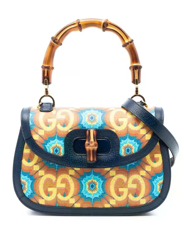 Gucci 2016-2025 100th Anniversary Medium Gg Coated Canvas 1947 Bamboo Top Handle Satchel - Blue