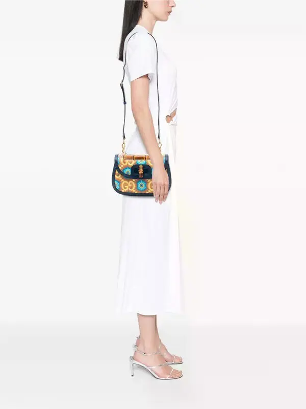 Gucci 2016-2025 100th Anniversary Medium Gg Coated Canvas 1947 Bamboo Top Handle Satchel - Blue