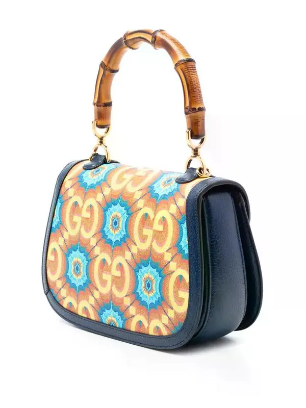 Gucci 2016-2025 100th Anniversary Medium Gg Coated Canvas 1947 Bamboo Top Handle Satchel - Blue
