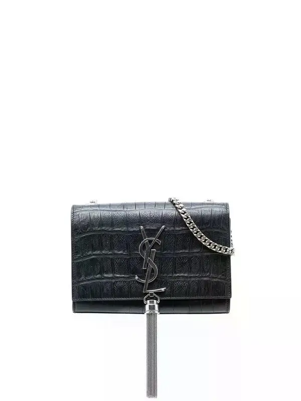 Saint Laurent Small Croc Embossed Monogram Kate Tassel Crossbody Bag - Black