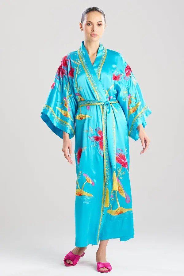 Natori Couture Bali Embroidered Silk Robe - Red