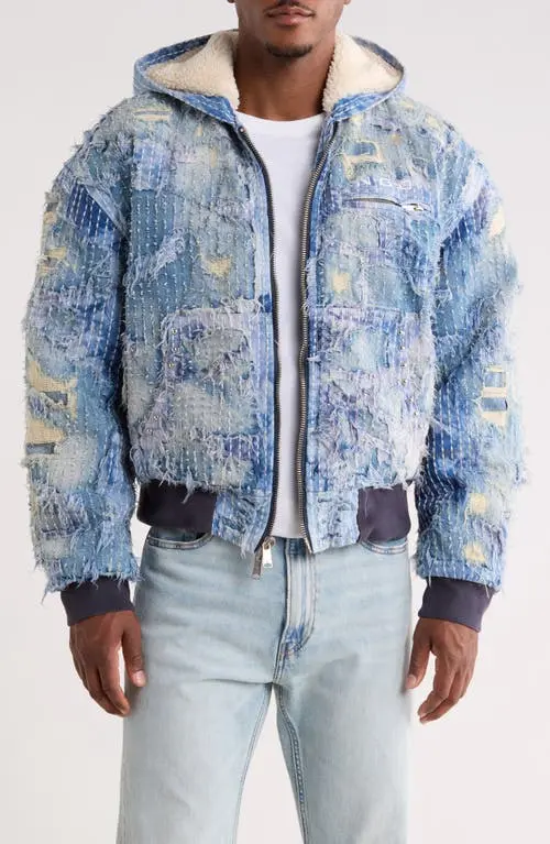 N.G.O. Boro Distressed Hooded Denim Jacket - Blue Wash
