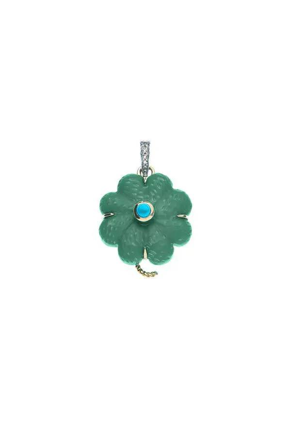JANE WIN Lucky Carved Jade Clover Pendant - Gold