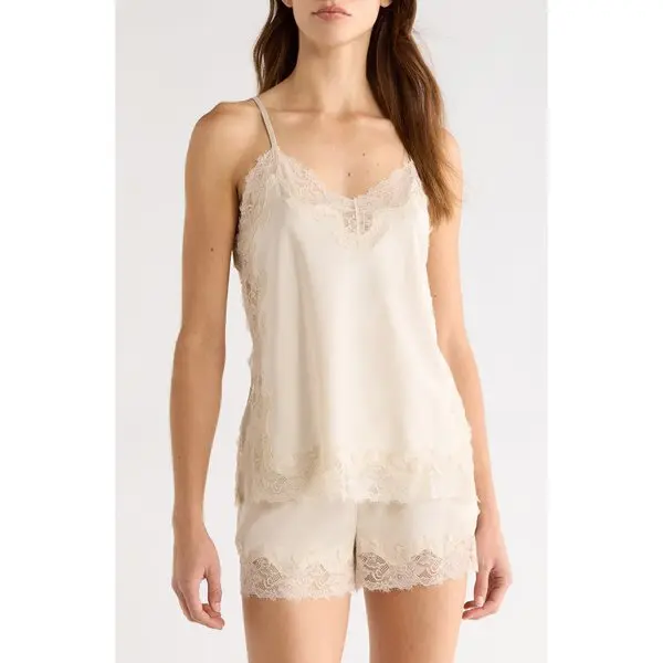 OPEN EDIT Lace Trim Satin Short Pajamas - Beige Beach