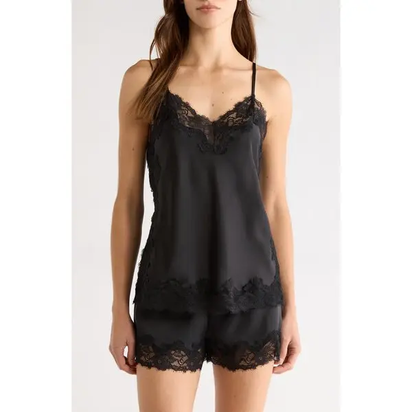 OPEN EDIT Lace Trim Satin Short Pajamas - Black