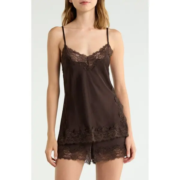 OPEN EDIT Lace Trim Satin Short Pajamas - Brown Mole