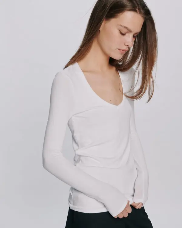 ATM Anthony Thomas Melillo Modal Rib Long Sleeve V-neck T-shirt - White