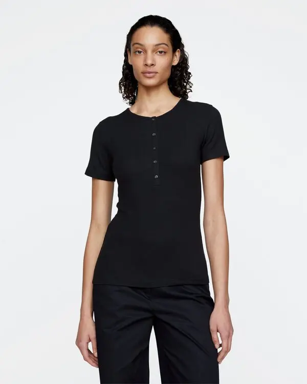 ATM Anthony Thomas Melillo Modal Rib Short Sleeve Henley Top - Black