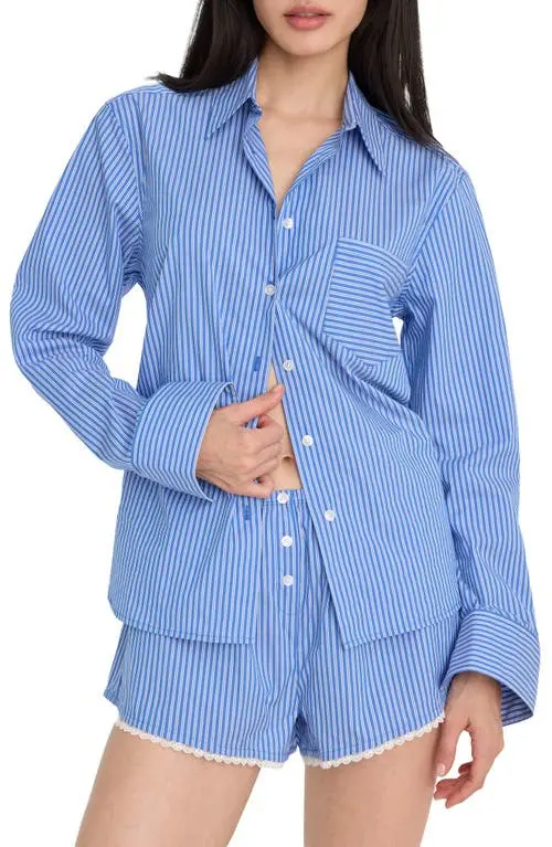 Good American Classic Boxy Poplin Button-up Shirt - Blue White Stripe