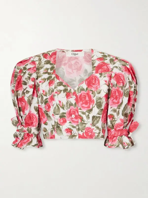 Chloé Cropped Floral-print Cotton-poplin Top - Pink