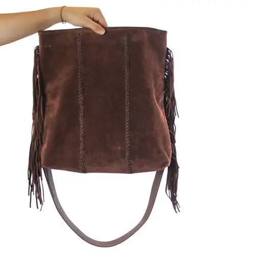 Carlos Falchi Suede Fringe Crossbody Messenger Bag - Coffee Brown