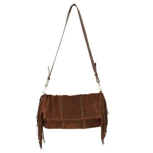 Carlos Falchi Suede Fringe Crossbody Messenger Bag - Coffee Brown