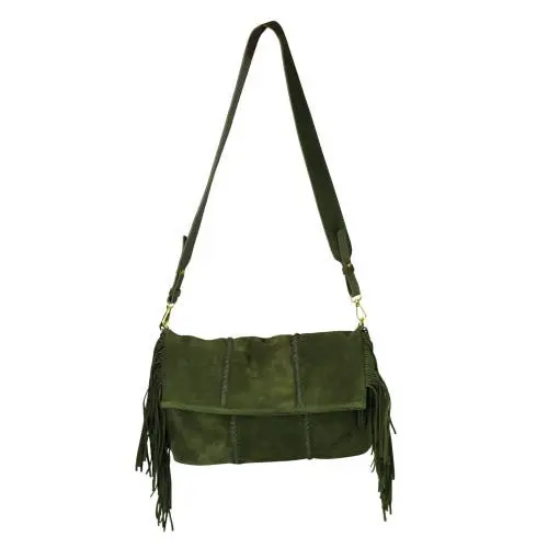 Carlos Falchi Suede Fringe Crossbody Messenger Bag - Olive