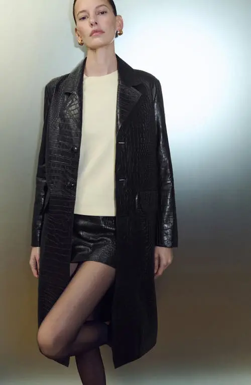Mango Croc-embossed Leather Overcoat