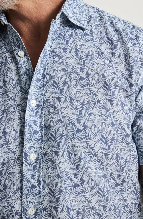 34 Heritage Palm Print Short Sleeve Cotton & Linen Button-up Shirt - Indigo