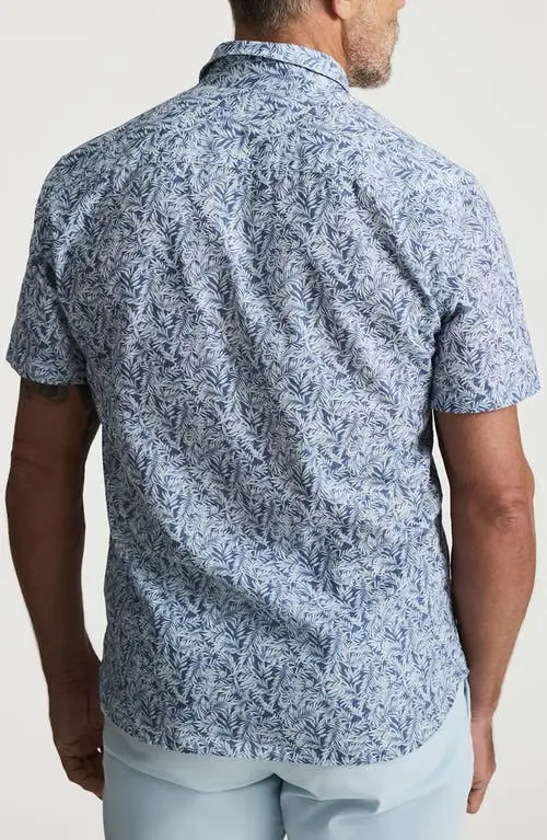 34 Heritage Palm Print Short Sleeve Cotton & Linen Button-up Shirt - Indigo