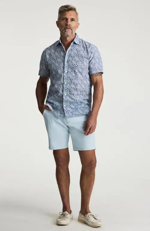 34 Heritage Palm Print Short Sleeve Cotton & Linen Button-up Shirt - Indigo