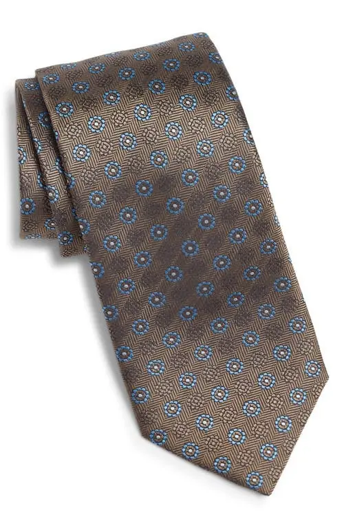 Canali Floral Medallion Silk Tie - Light Brown