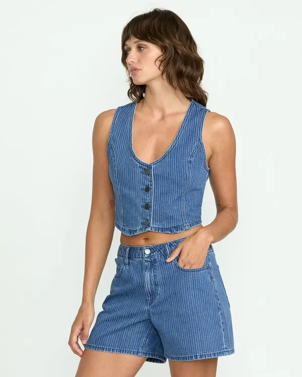 Volcom High Rise Denim Shorts - Blue Stripe