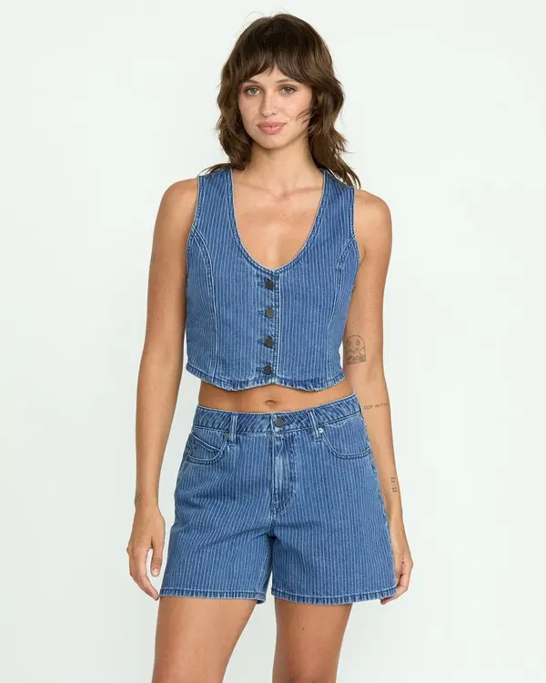 Volcom High Rise Denim Shorts - Blue Stripe