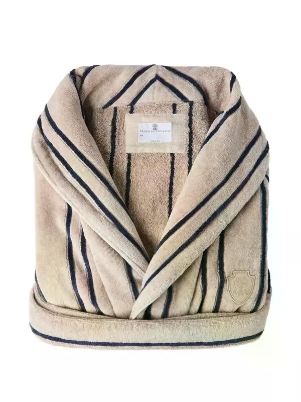 Brunello Cucinelli Striped Logo Cotton Bathrobe - Neutrals
