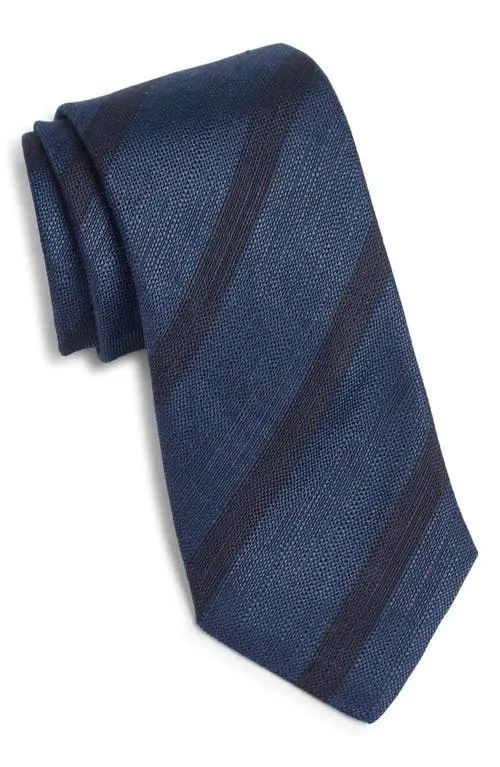 Canali Stripe Linen And Silk Tie - Blue